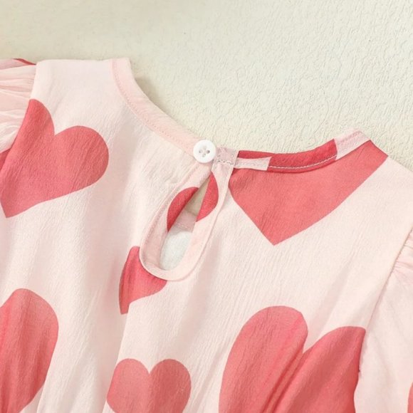 Dresses | Valentines Day Girls Pink Heart Print Short Sleeve Dress ...